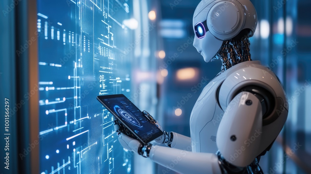 Humanoid robot analyzing data on a tablet, vibrant tech environment ...