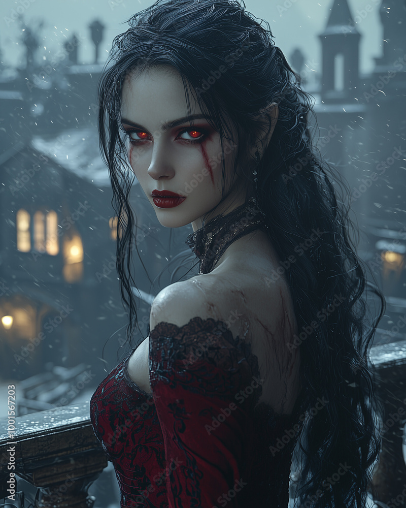 powerful female vampire with piercing red eyes and flowing hair stands ...