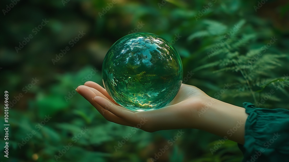 Environment Green earth ball in hand in green forest background ...