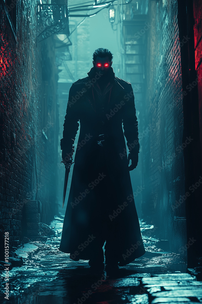 male vampire advancing in a dim alley with fierce red eyes and a dark ...