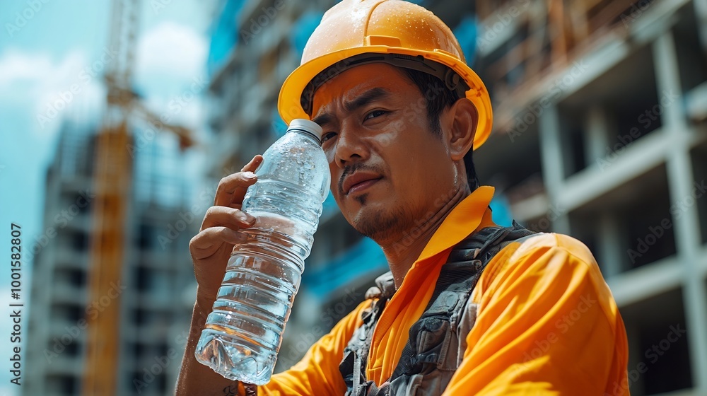 Foreman working outdoors condominium construction project exhausted from the hot weather and ...