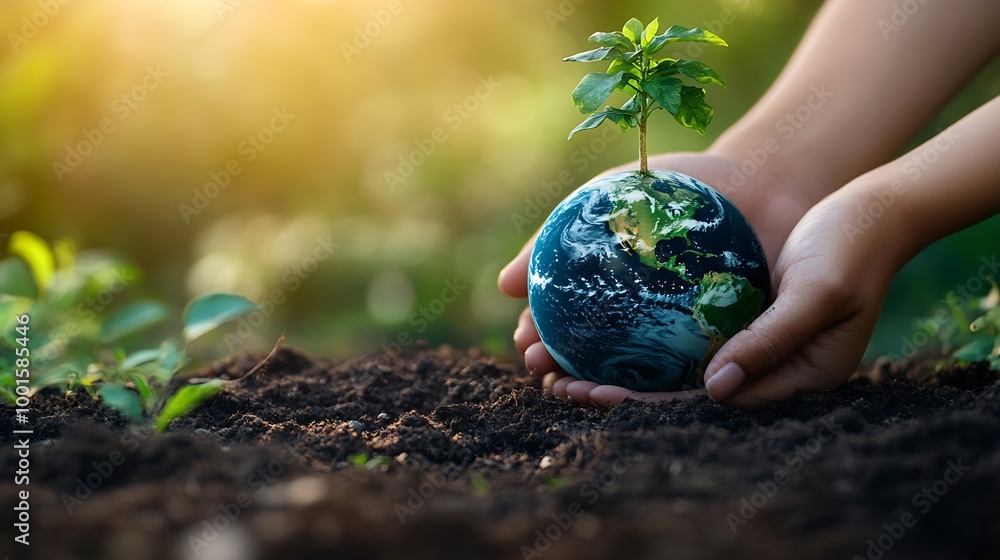 World environment day concept with tree planting and green earth on ...
