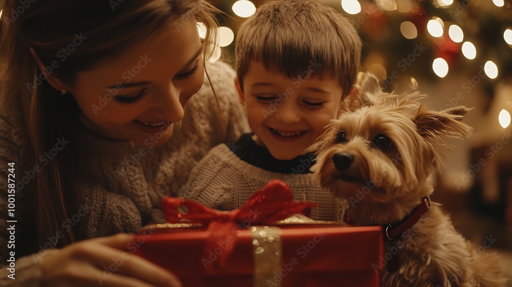 Happy Little Family Exchanging Gifts on Christmas Eve Brother and ...