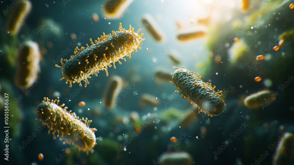 probiotics bacteria in the human stomach seen under a microscope, with ...