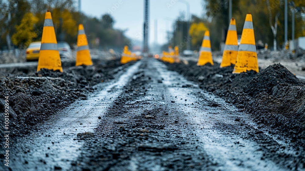 Construction site Hills of rubble and sand and highvoltage pylons ...