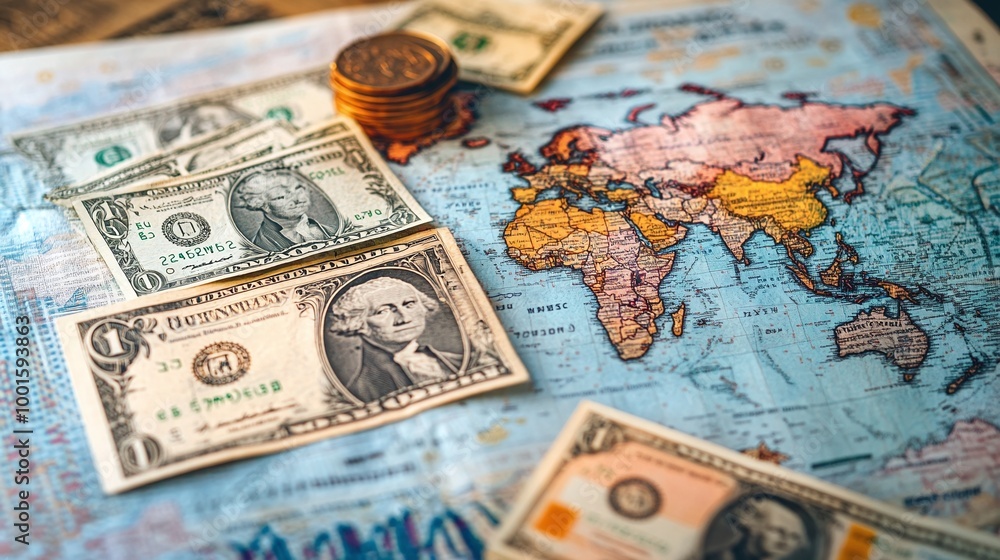 currency exchange and money transfer concept illustrated with a world ...