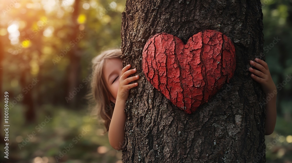 Tree Hugging Love Nature Child Hug The Trunk With Red Heart Shape ...