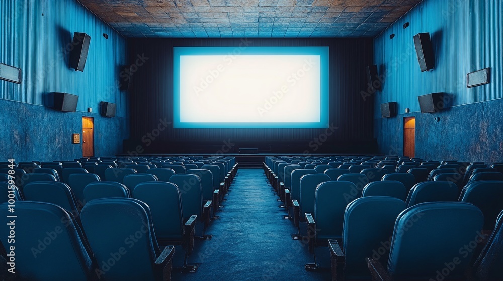 blank cinema screen in a theater hall with empty seats offering a ready ...