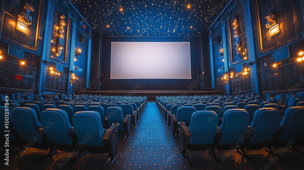 blank cinema screen in a theater hall with empty seats offering a ready ...