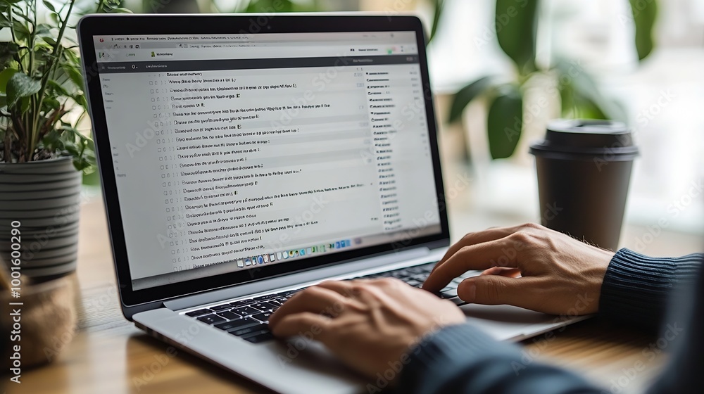 Email inbox message list on a computer laptop screen man working on an ...
