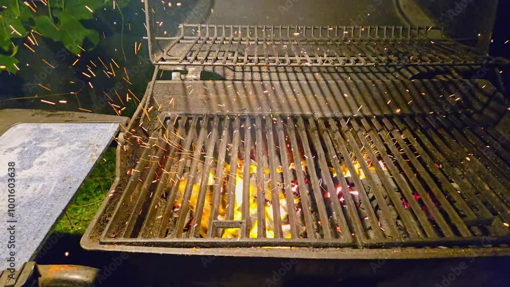The fire burns through the grill grate. Coal for barbecue prepared by ...