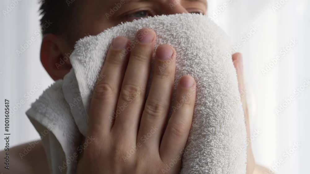 A man wipes his head with a towel. Wet head after shower. Man with a ...
