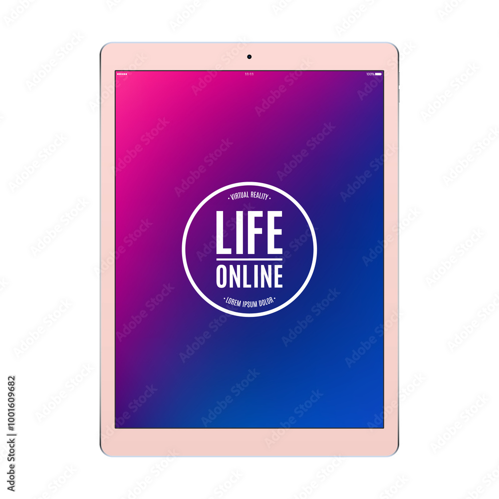 tablet rose gold color with colored screen isolated on white background ...