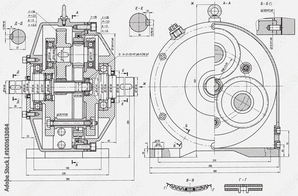 Engineering mechanical pencil drawing of steel devices (reducer ...