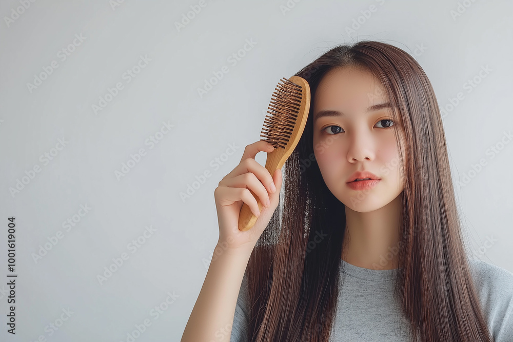 Concerned woman combing hair and dealing with hair loss issues ...