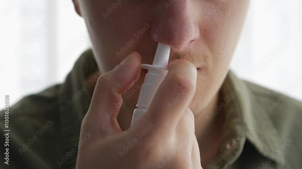 Stockvideon Treatment of a stuffy nose. A man uses a nasal spray ...
