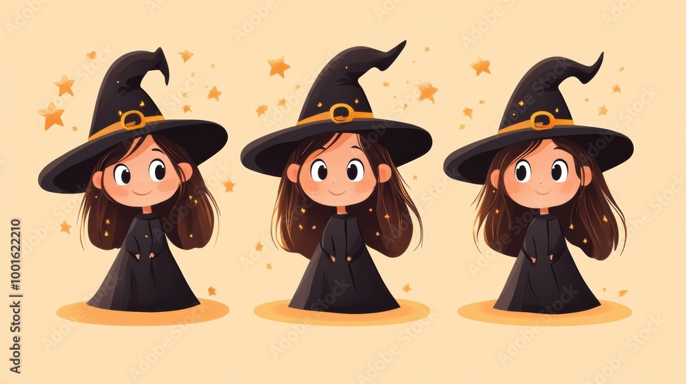 Cute cartoon witch with magical stars in a playful pose Stock ...