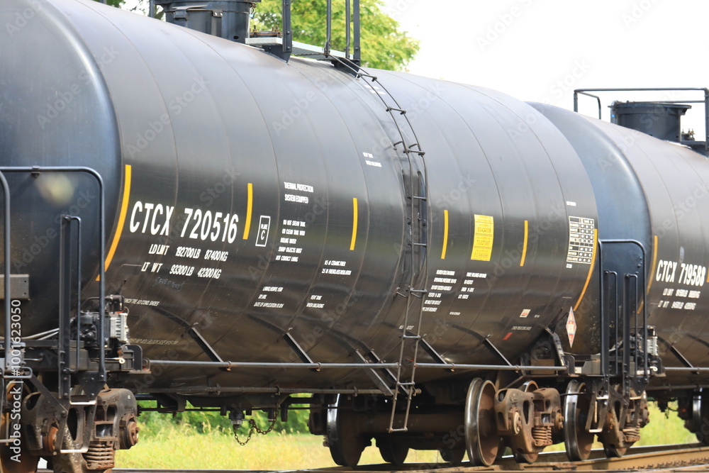 Chemical gas and liquid type railroad train cars. Bulk cargo trains ...