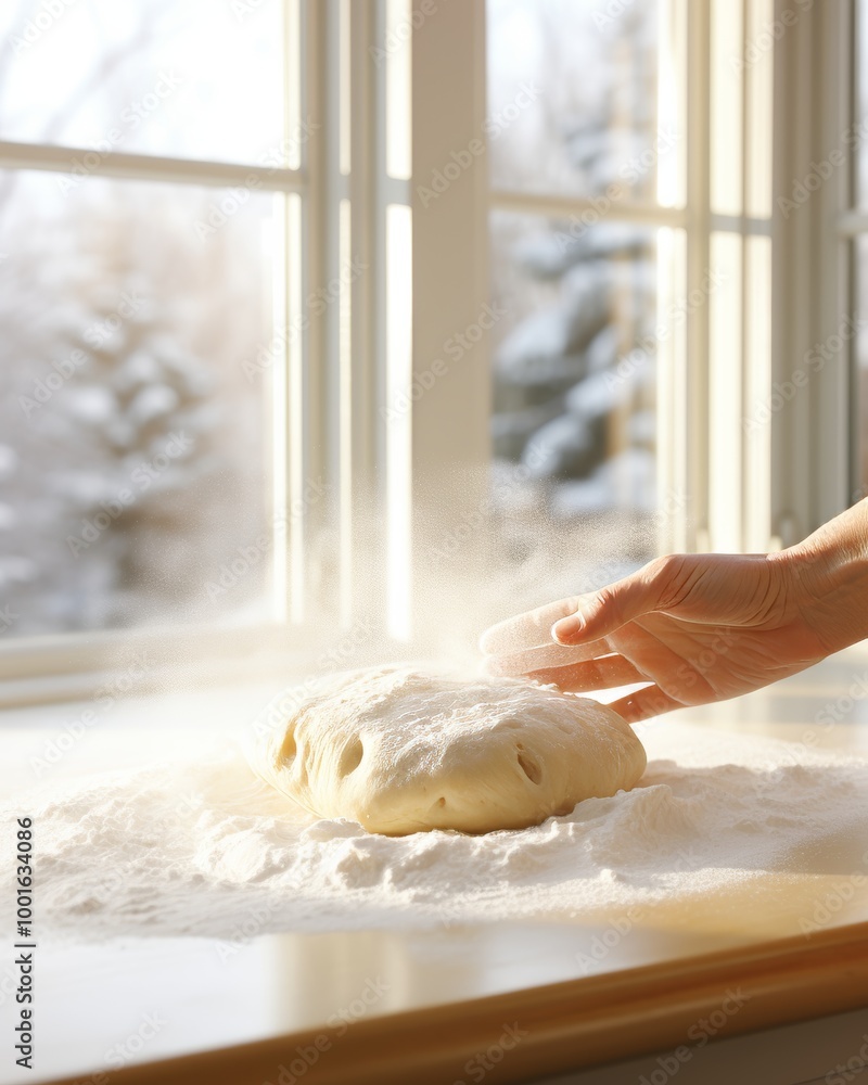 Baking dough resting on a floured table with a winter landscape visible ...
