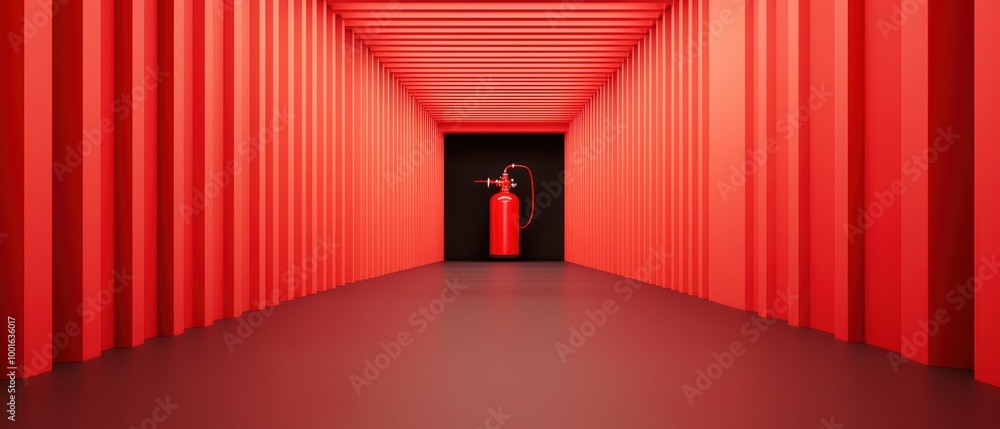 Red corridor with a fire extinguisher, emphasizing safety in an ...
