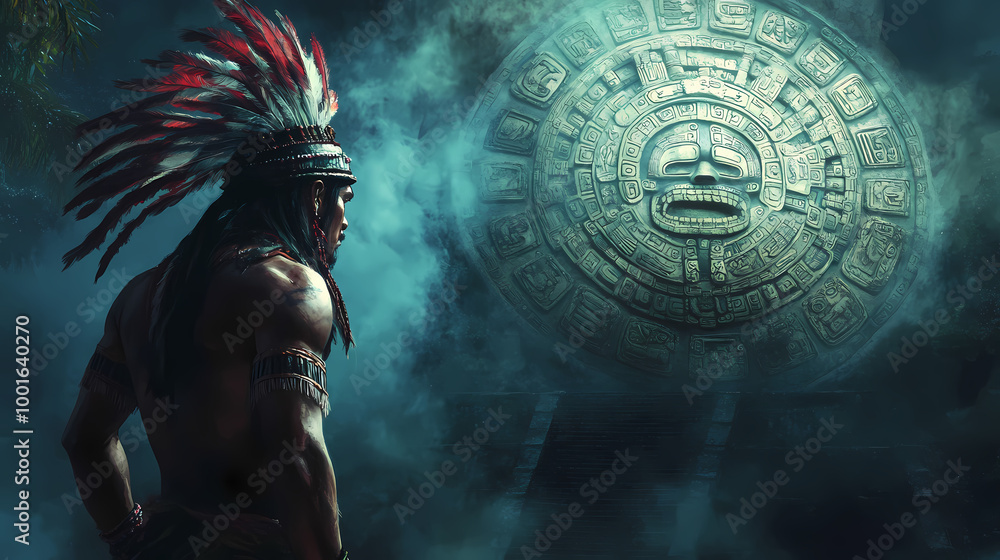 Native warrior in traditional headdress stands against illuminated ...