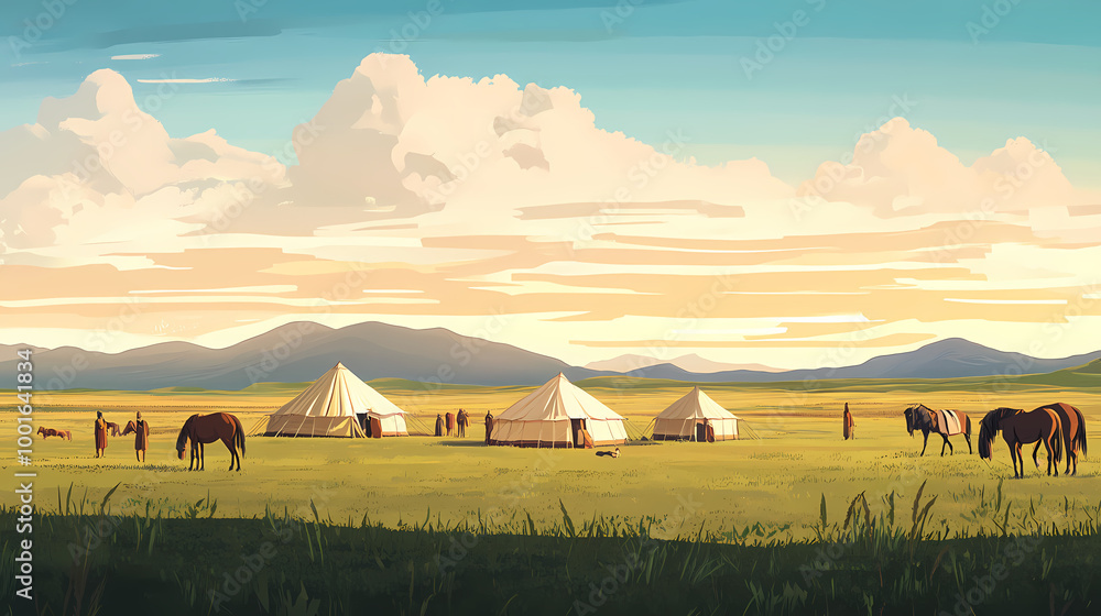 Panorama of the mongolian steppe. nomadic people, traditional tents ...
