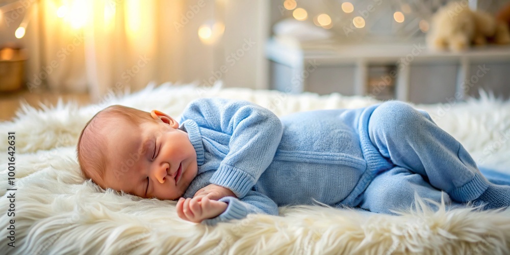 Bebé con ropa azul para recién nacido, niño en cama suave, amor y ...