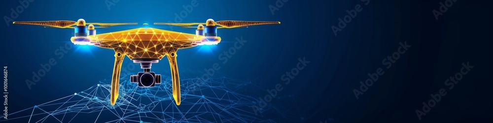 Advanced Aerial Technology Concept, digital high tech gold drone in low ...