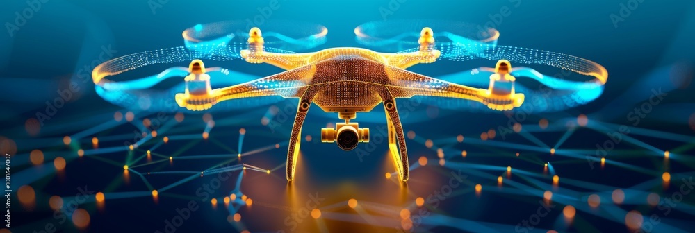 Advanced Aerial Technology Concept, digital high tech gold drone in low ...