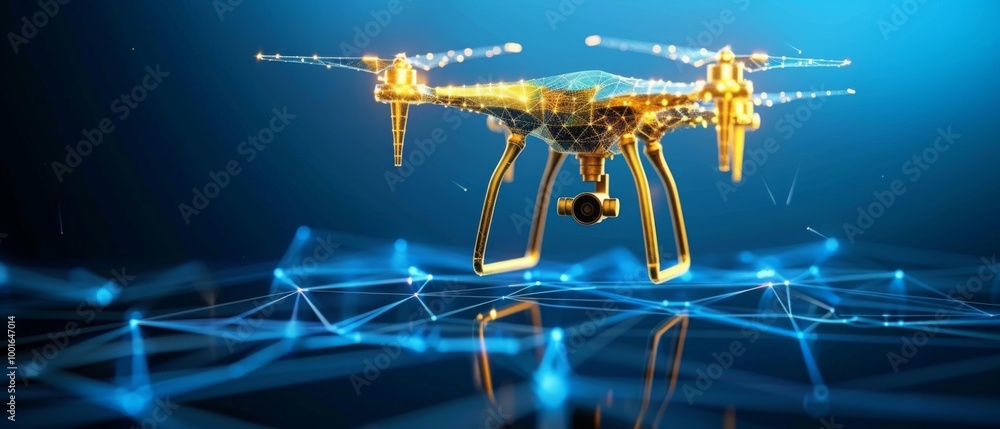 Advanced Aerial Technology Concept, digital high tech gold drone in low ...