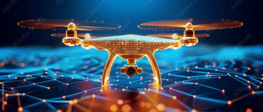 Advanced Aerial Technology Concept, digital high tech gold drone in low ...