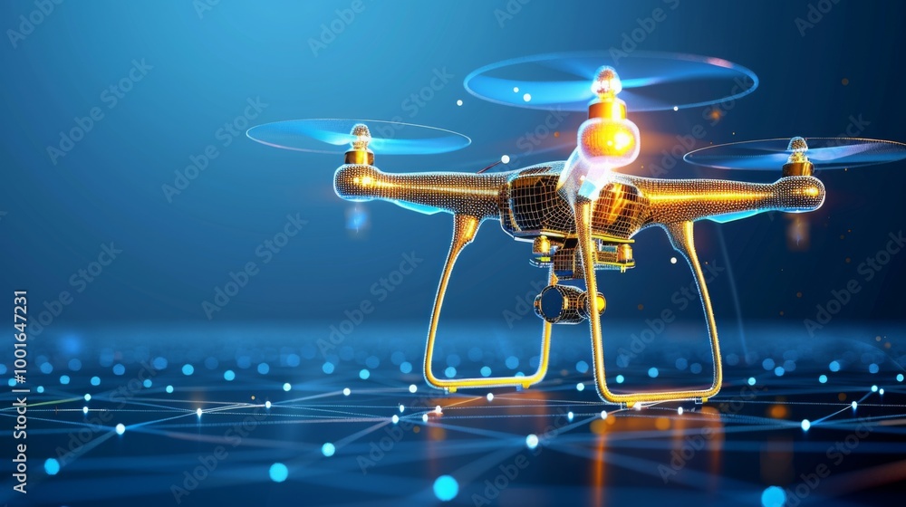 Advanced Aerial Technology Concept, digital high tech gold drone in low ...