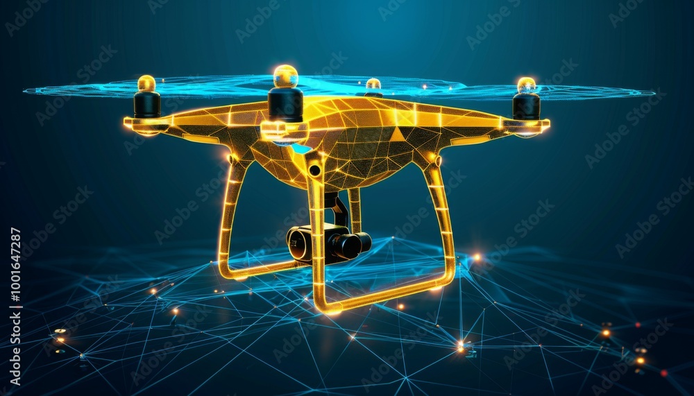 Advanced Aerial Technology Concept, digital high tech gold drone in low ...
