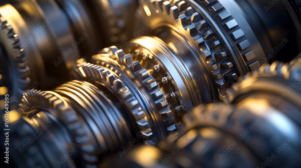 Close-up of a complex gear system with interlocking gears of various ...