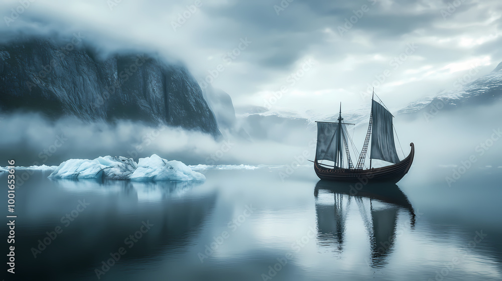 Viking longship in misty fjord landscape with iceberg. Viking Longship ...