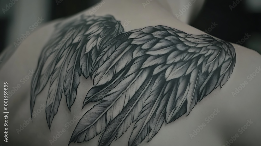 Realistic black and grey angel wings tattoo on a person's back Stock ...
