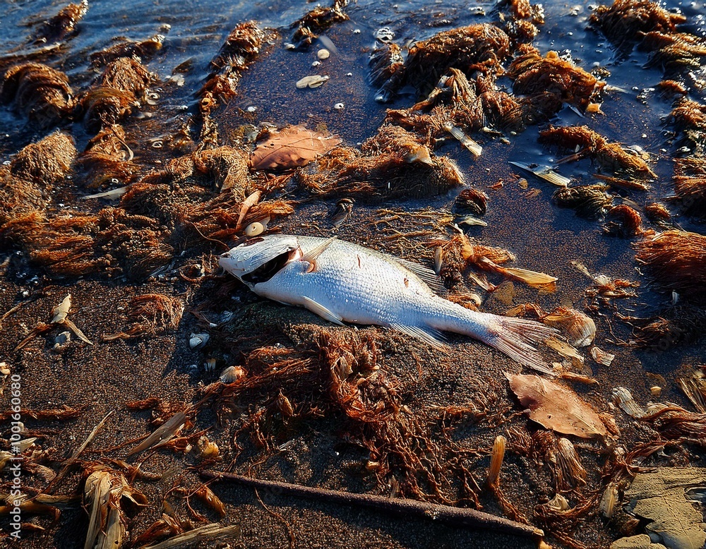 dead fish washing ashore and sea lake water pollution with dead fish ...