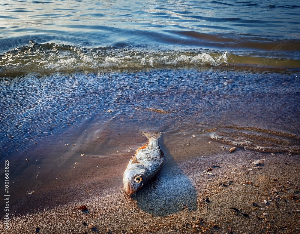 dead fish washing ashore and sea lake water pollution with dead fish ...
