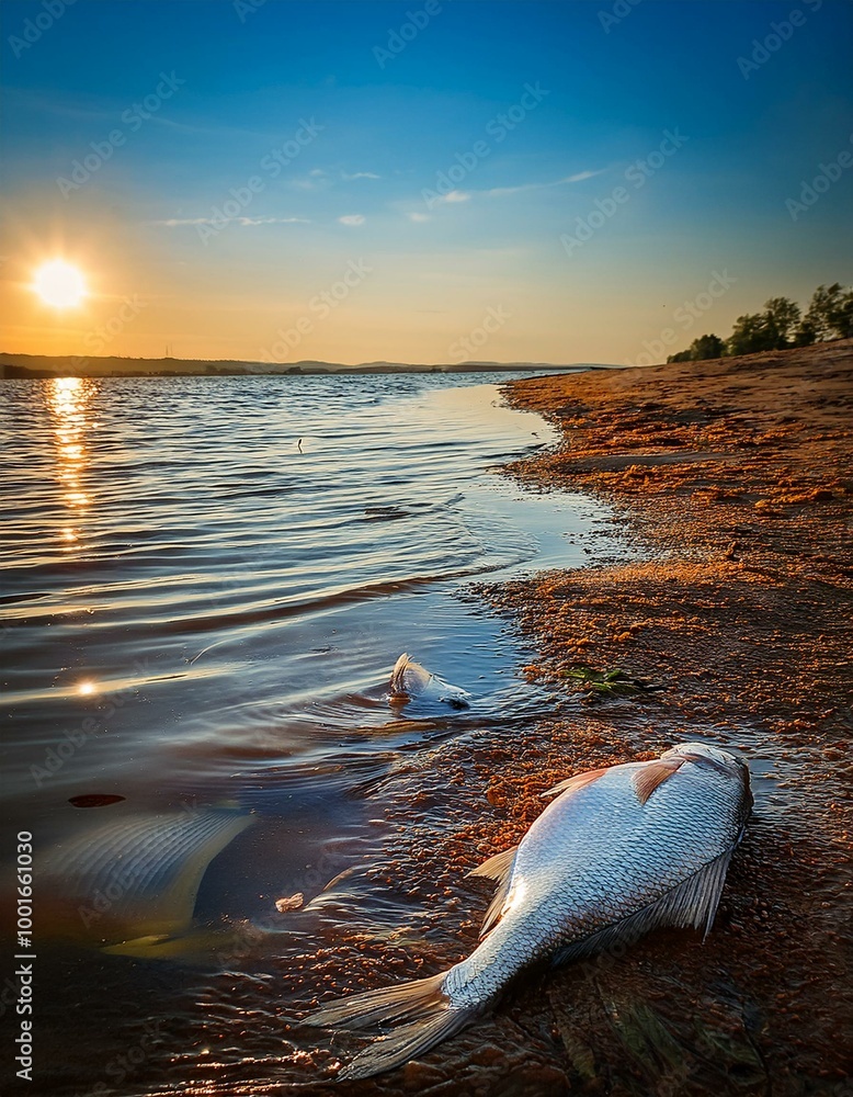 dead fish washing ashore and sea lake water pollution with dead fish ...