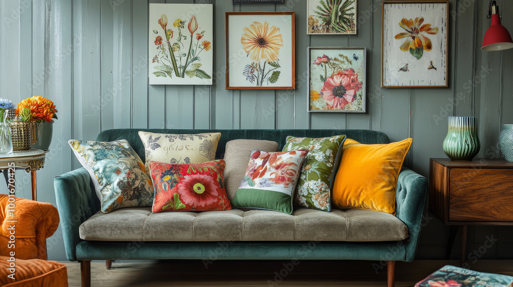 Depict a vintage-inspired living room with classic, retro cushions that ...
