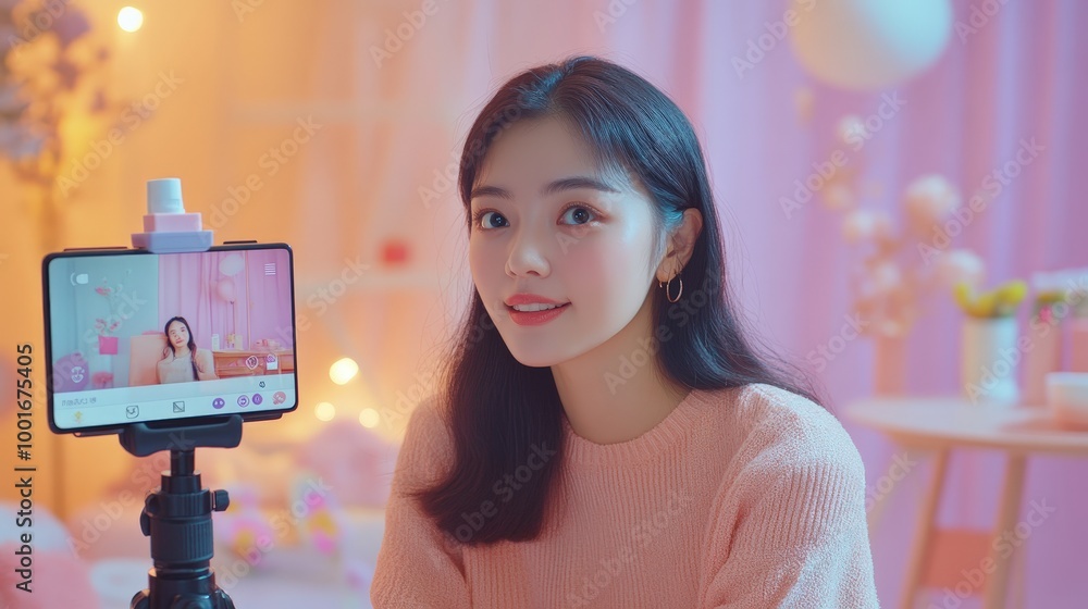 Authentic Asian Influencer Reviewing Product with Vibrant Colors and ...
