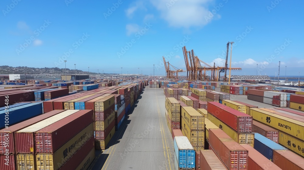 Stacked shipping containers in large port yard Stock Illustration ...