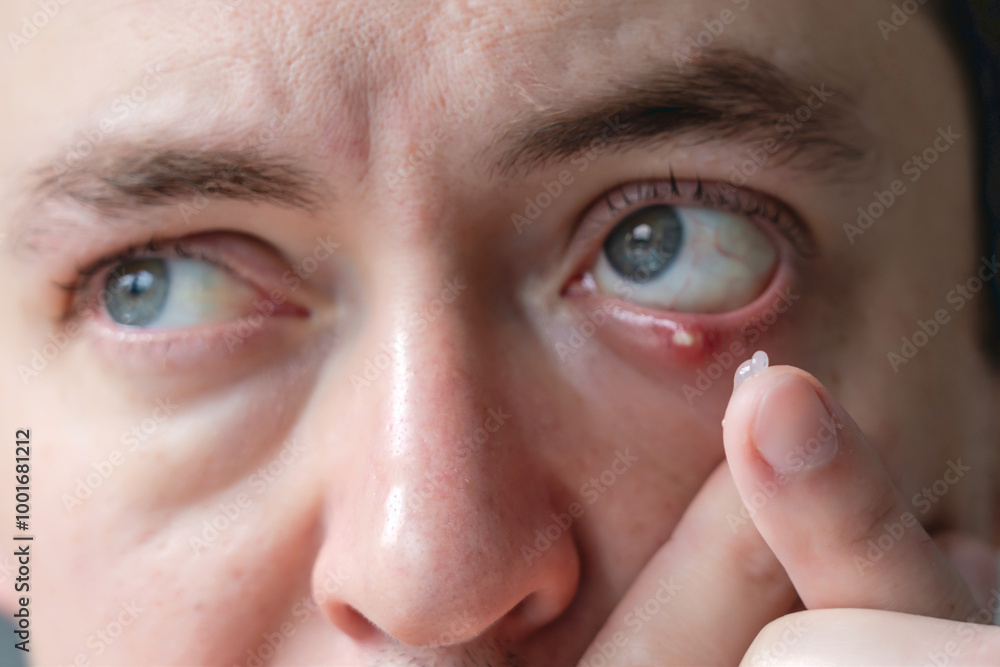 Infected chalazion (stye, barley) or hordeolum eye on lower eyelid of ...