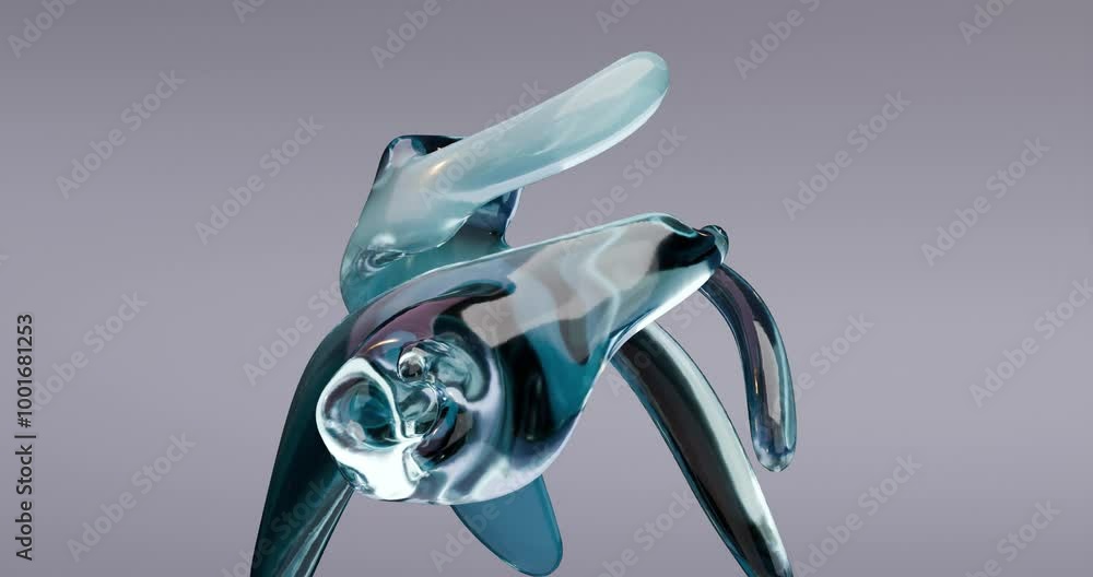 3D animation of transparent glass with blue jets of water flowing and ...