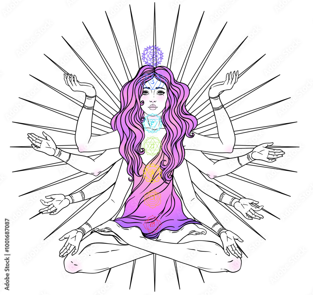 Beautiful woman with long hair and multiple hands sitting in lotus yoga ...