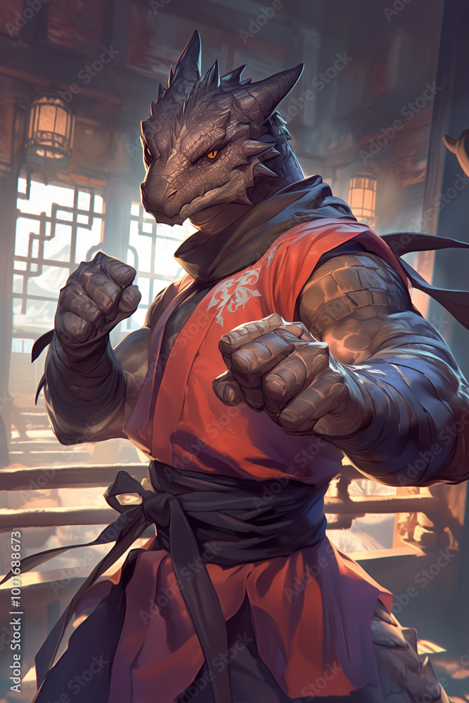 dragonborn martial artist in traditional red gi poses ready in a sunlit ...