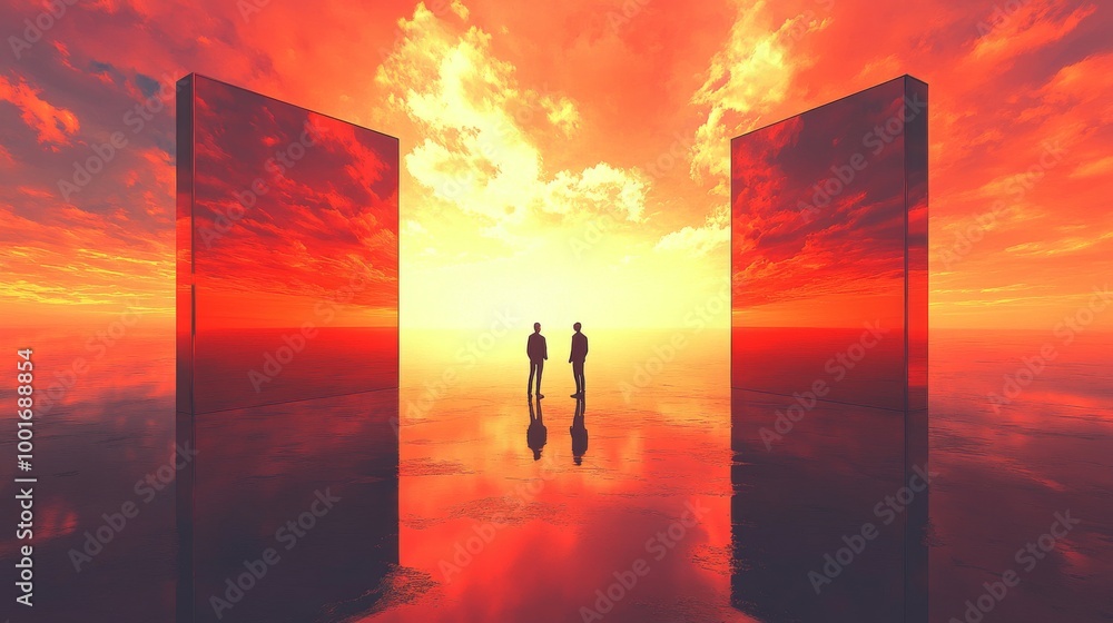 An absurd scene of two silhouettes facing each other in a red landscape ...