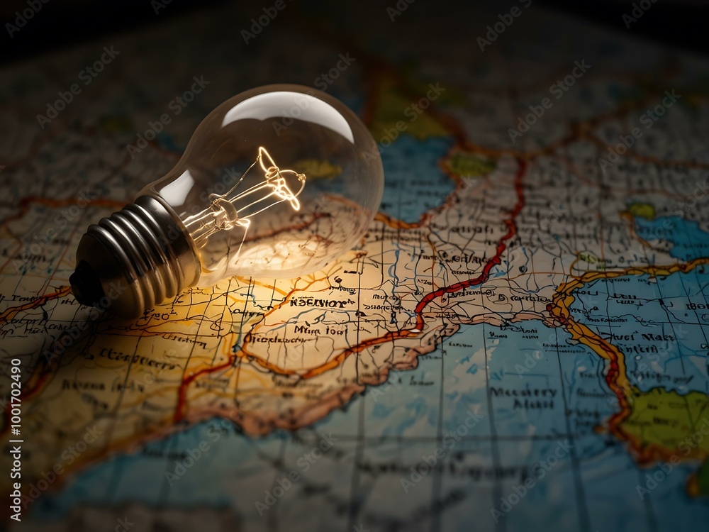 Light bulb resting on a map, glowing to represent discovery. Stock ...