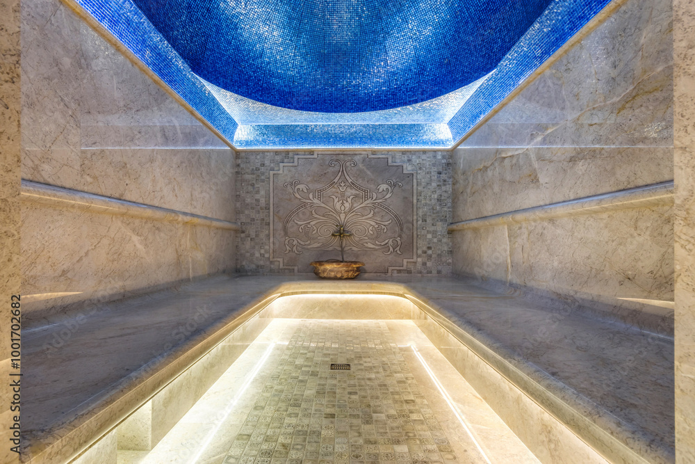 Stylish design of the Turkish bath hamam. Benches with lighting, floral ...