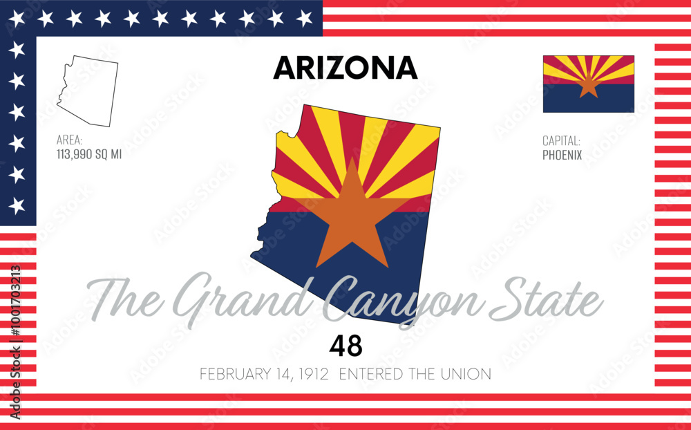 Vector poster background of the US state of Arizona, with name, map ...
